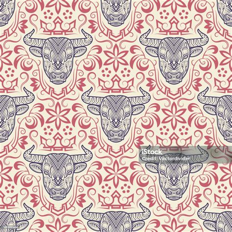 장식 신성한 암소 얼굴의 빈티지 매끄러운 패턴 2021년 새해 선물 포장식 무늬 황소 헤드 중국 조디악 기호휴일 벽지 2021년에 대한 스톡 벡터 아트 및 기타 이미지