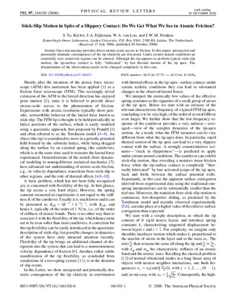Pdf Stick Slip Motion In Spite Of A Slippery Contact Do We Get What We See In Atomic Friction