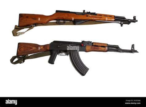 AK 47 And SKS Military Guns Isolated On White Background Stock Photo
