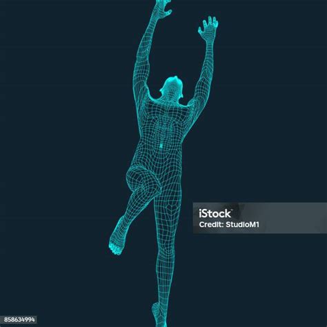 점프 맨 다각형 디자인입니다 남자 기하학적 디자인의 3d 모델입니다 사업 과학 및 기술 벡터 일러스트 레이 션입니다 3d 다각형