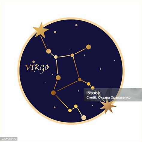 밤하늘에 황금빛 별자리 조디악 표지판 처녀자리는 원을 그리며 있습니다 점성술 천문학 별 별이 빛나는 하늘 벡터 일러스트 레이 션 0명에 대한 스톡 벡터 아트 및 기타 이미지