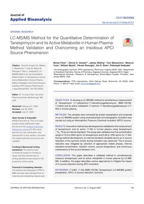 Pdf Lc Msms Method For The Quantitative Determination Of Tanespimycin And Its Active