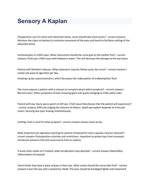 Sensory A Kaplan Question And Answers 100 Correct 2023 2024 Docmerit