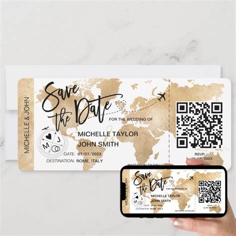 Qr Code Save The Date Boarding Pass World Map Invitation Zazzle