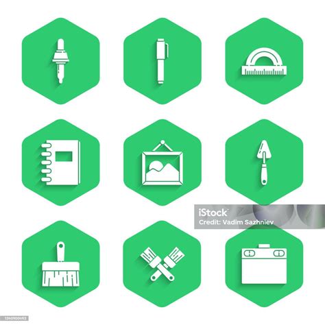 그림 풍경을 설정 교차 페인트 브러시 그래픽 태블릿 팔레트 나이프 페인트 나선형 노트북 트랙터및 파이펫 아이콘 벡터 공란에 대한 스톡 벡터 아트 및 기타 이미지 Istock