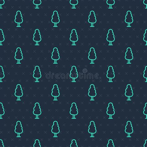 Green Line Tree Icon Isolated Seamless Pattern On Blue Background Forest Symbol Stock