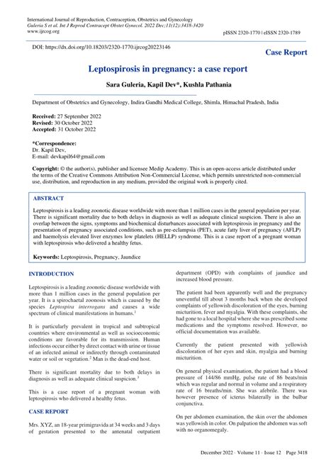 Pdf Leptospirosis In Pregnancy A Case Report