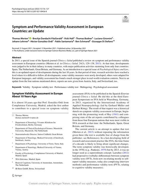 Symptom And Performance Validity Assessment In European Countries An Update Request Pdf