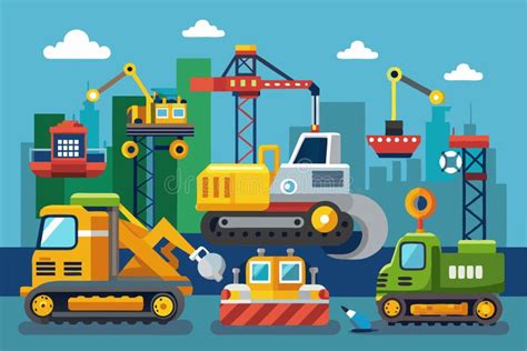 Different Construction Machines Work Together In A Colorful City Skyline To Create Basic Visual