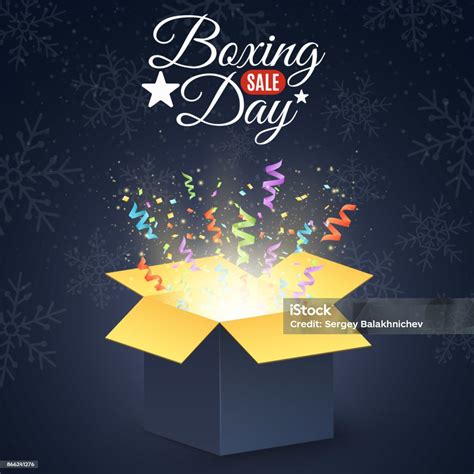 복싱 데가 겨울 판매입니다 오픈 어두운 선물 상자입니다 색종이 다채로운 색된 리본 크리스마스에 어두운 배경입니다 배경에 눈송이입니다 벡터 일러스트 레이 션 빛에 대한 스톡