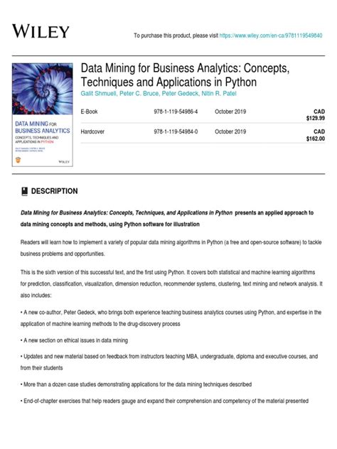 Wiley Data Mining For Business Analytics Concepts Techniques And Applications In Python