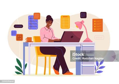 사무실의 책상에서 노트북으로 일하는 여자 벡터 일러스트 레이 션 개념에 대한 스톡 벡터 아트 및 기타 이미지 개념 경영자 계획 Istock