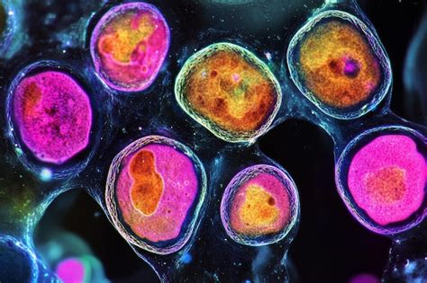 Microscopic View Of Vibrant Colorful Cells Under A Lab Microscope Showcasing The Beauty Of