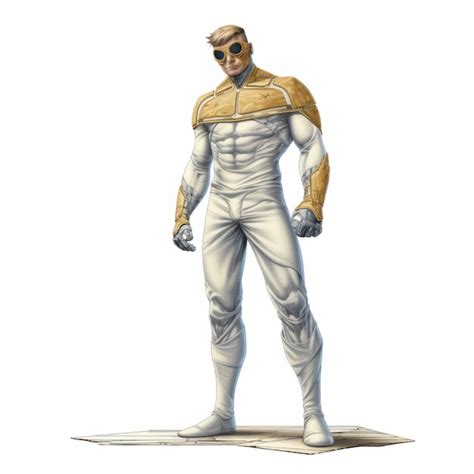 Realistic White And Gold Superhero Costume With Pensive Pose Premium