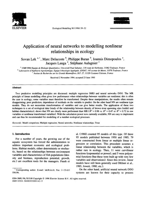 pdf application of neural networks to modeling nonlinear relationships in ecology