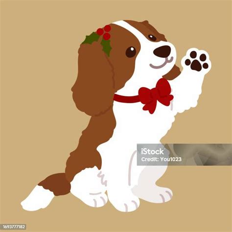 손을 흔드는 카발리에 킹 찰스 스패니얼의 간단하고 귀여운 크리스마스 삽화 가축에 대한 스톡 벡터 아트 및 기타 이미지 가축