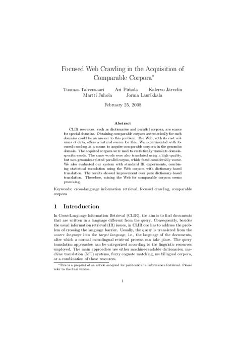 Pdf Focused Web Crawling In The Acquisition Of Comparable Corpora