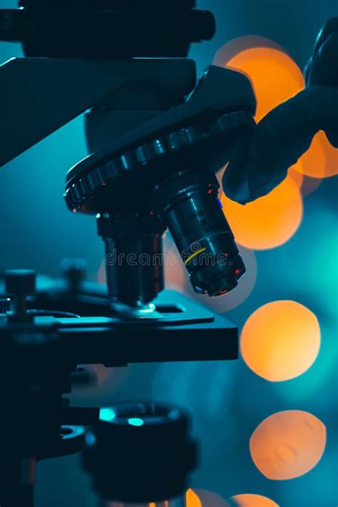 Microscope With Metal Lens At Laboratory Scientific And Healthcare Research Examining Of Test