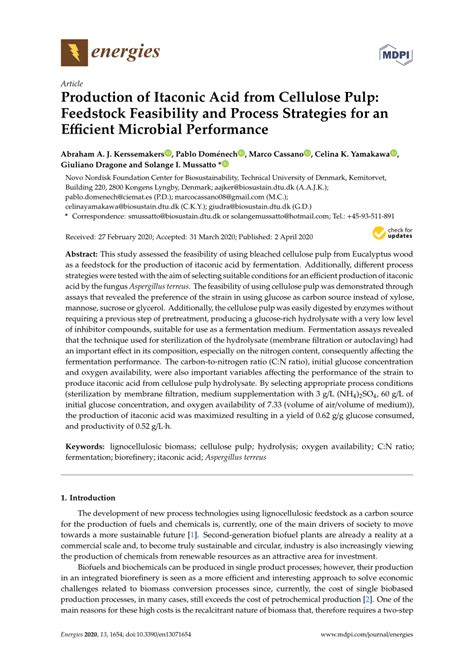 Pdf Production Of Itaconic Acid From Cellulose Pulp Feedstock Feasibility And Process