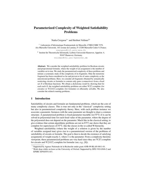 Pdf Parameterized Complexity Of Weighted Satisfiability Problems