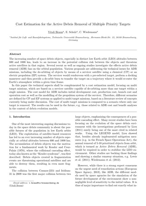 Pdf Cost Estimation For The Active Debris Removal Of Multiple Priority Targets