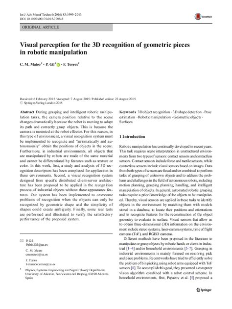 Pdf Visual Perception For The 3d Recognition Of Geometric Pieces In Robotic Manipulation