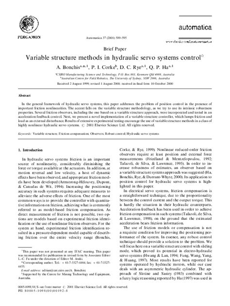 Pdf Variable Structure Methods In Hydraulic Servo Systems Control