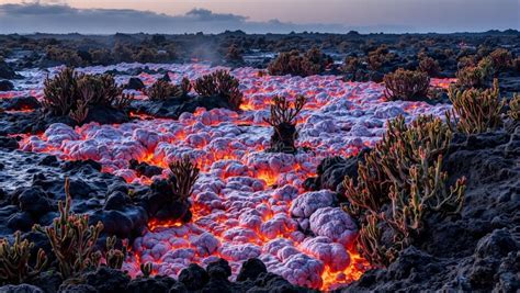 Iridescent Lava Pools And Heat Resistant Plants In Volcanic Landscape