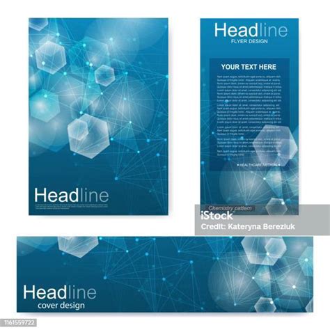 전단지 브로셔 크기 A4 템플릿 배너를 설정합니다 연결된 선과 점이 있는 분자 구조 잡지 전단지 표지 포스터 디자인을위한 요소와 과학 패턴 원자 Dna 신규 사업에 대한