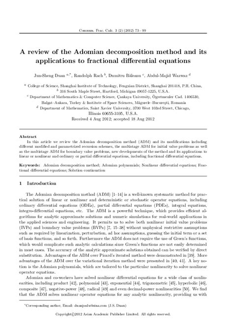 Pdf A Review Of The Adomian Decomposition Method And Its Applications To Fractional