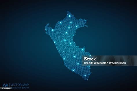 미래 지향적 인 스타일의 페루지도 방사형 점선 패턴 별들로 만든 디자인 파란색 원 빛나는 윤곽선 진한 파란색 배경에 대한 의사 소통의 개념 지도에 대한 스톡 벡터 아트 및