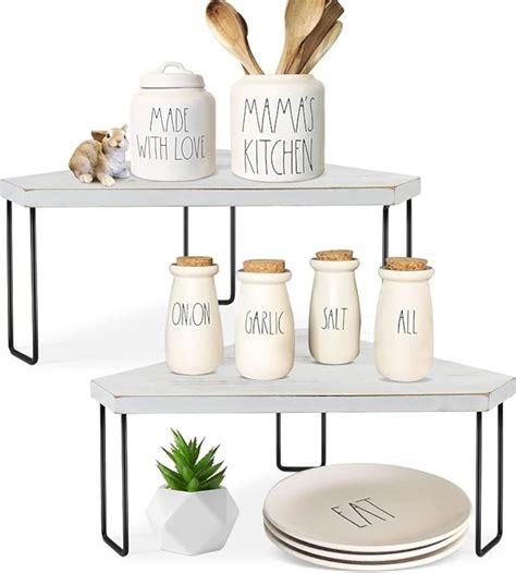 2 Pack Wood Stackable Countertop Organizers Corner Shelves Tray Risers Display Risers For