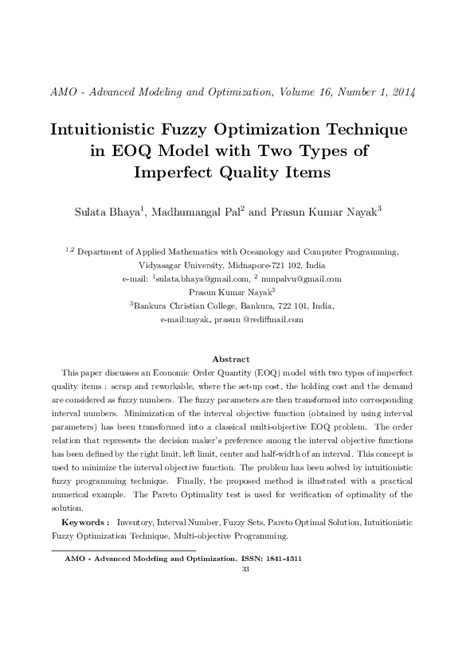 Pdf Intuitionistic Fuzzy Optimization Technique In Eoq Model With Two Types Of Imperfect