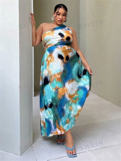 Shein Sxy Plus Size Sexy Holiday Floral One Shoulder Pleated Dress