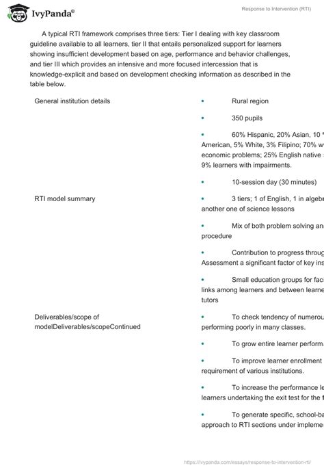 Response To Intervention RTI 1086 Words Coursework Example
