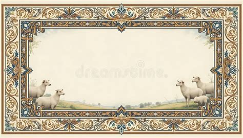 Vintage Ornate Frame With Sheep In Pasture Design Background Stock