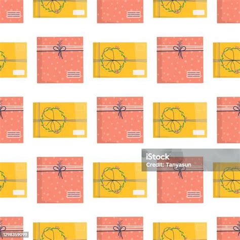 봉투와 우표가 있는 매끄러운 패턴 배달 편지 서신 우편 서비스 아이콘 공예 종이 편지 리본 가지 및 장식 요소로 손으로 만든 선물 또는 선물 플랫 벡터 0명에 대한 스톡