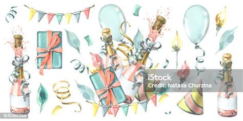축제 생일은 샴페인 풍선 선물 상자 깃발 꽃 모자의 구성과 요소로 설정됩니다 수채화 그림 스티커 카드 포스터를 위해 손으로 그렸습니다 흰색 배경에 수채화에 대한 스톡 벡터