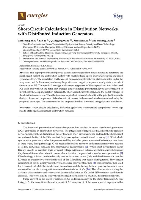 Pdf Short Circuit Calculation In Distribution Networks With Distributed Induction Generators
