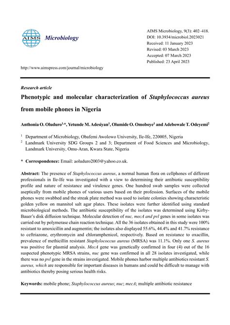 Pdf Phenotypic And Molecular Characterization Of Staphylococcus Aureus From Mobile Phones In