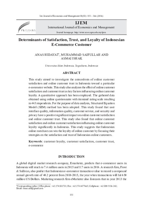 Pdf Determinants Of Satisfaction Trust And Loyalty Of Indonesian E Commerce Customer