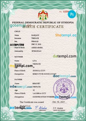 Ethiopian Birth Certificate PSD Example Completely Editable Mytempl