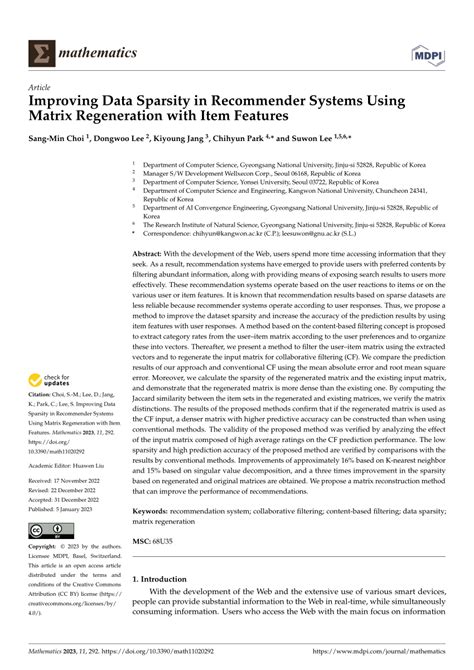 PDF Improving Data Sparsity In Recommender Systems Using Matrix Regeneration With Item Features
