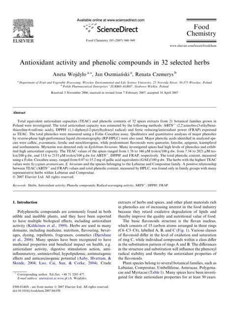 Pdf Antioxidant Activity Of Phenolic Compounds In 32 Selected Herbs