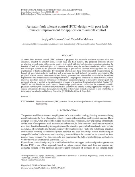 Pdf Actuator Fault Tolerant Control Ftc Design With Post Fault