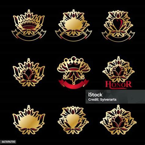 로얄 심볼 꽃 꽃과 크라운 엠블럼 세트 헤럴드 벡터 디자인 요소 컬렉션입니다 복고풍 스타일 라벨 헤럴드 로고 고풍스런에 대한 스톡 벡터 아트 및 기타 이미지 Istock
