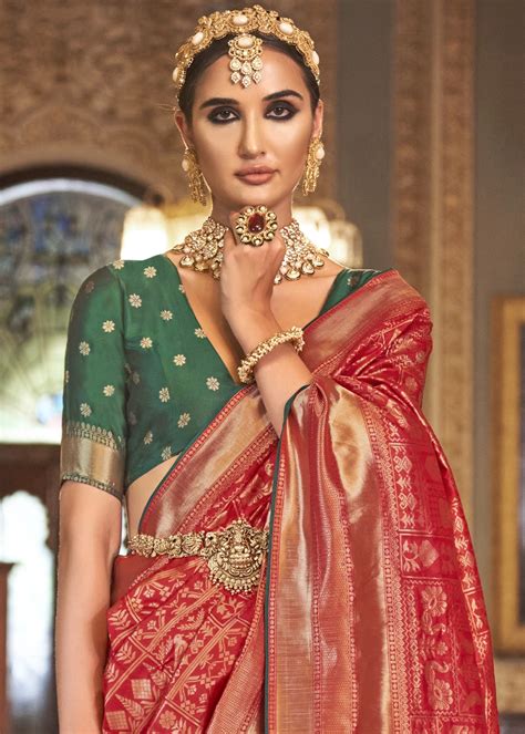 Bridal Red Banarasi Saree With Brocade Blouse Urban Womania