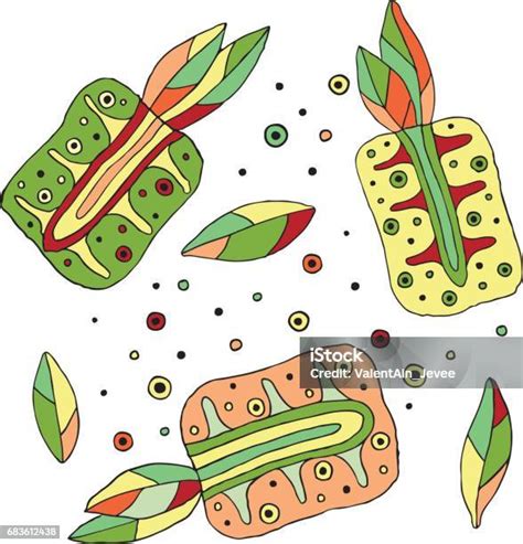 벡터의 세트 손 그려진된 유치 한 육즙 과일 잎 씨앗 귀여운 아이가 Pimeapple을 삭제합니다 낙서 스케치 만화 스타일 선 도면입니다 밝은 색상 그래픽 특이 한 그림