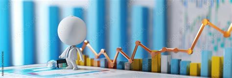 3d Character Looking At A Chart With A Rising Line Graph Stock