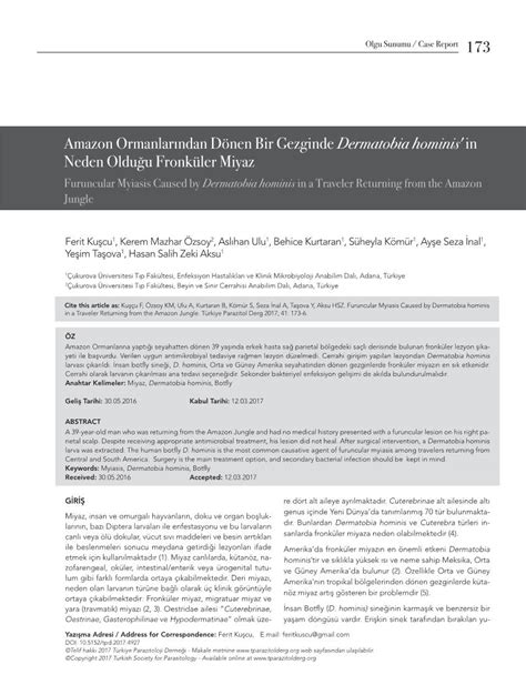Dermatobia Hominisin Neden Olduğu Fronküler Miyaz Furuncular Myiasis Caused By Dermatobia